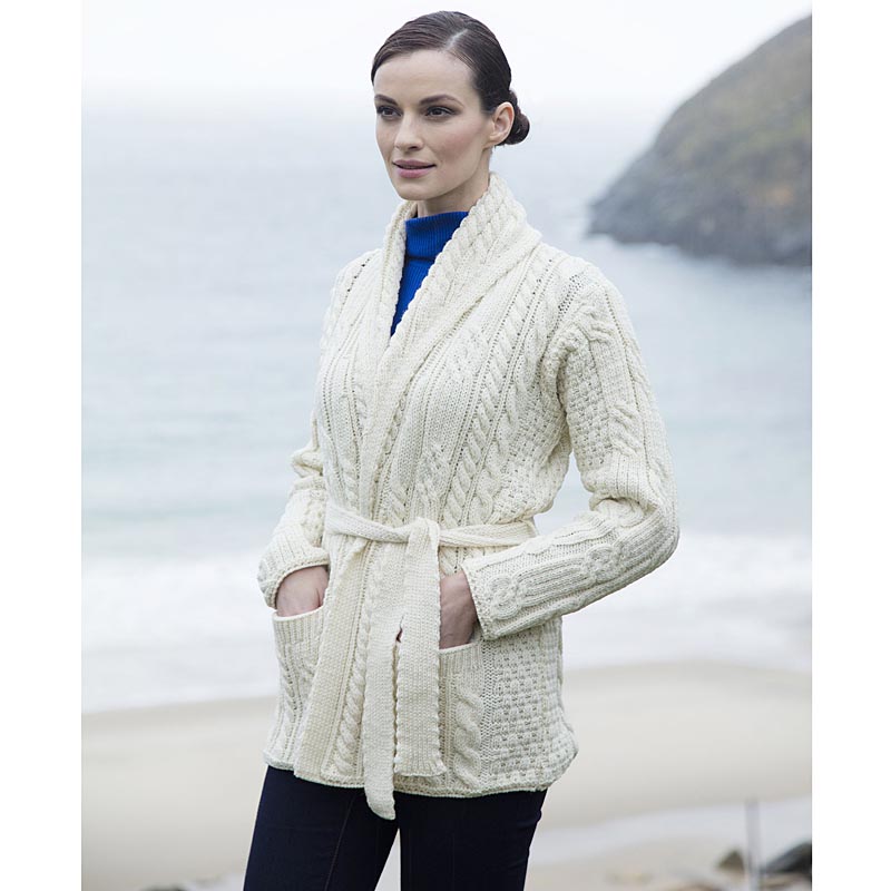 Irish Wool Sweater - Ladies Merino Wool Aran Belted Cardigan with Shawl ... Irish Wool Sweater - Ladies Merino Wool Aran Belted Cardigan with Shawl ...